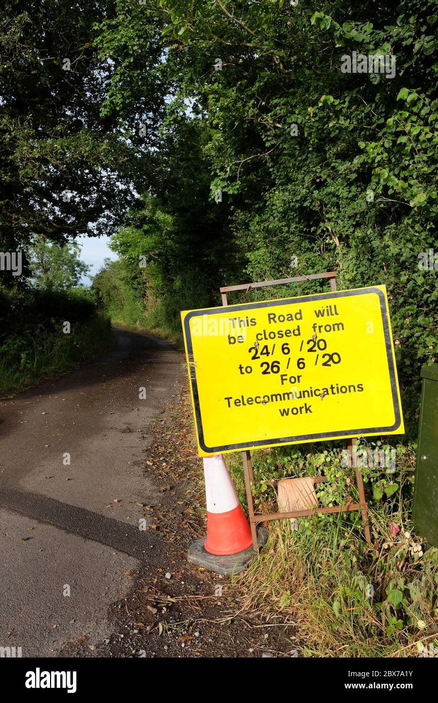 June 2020 - Sign for road closure for Telecom's work in a rural lane in ...