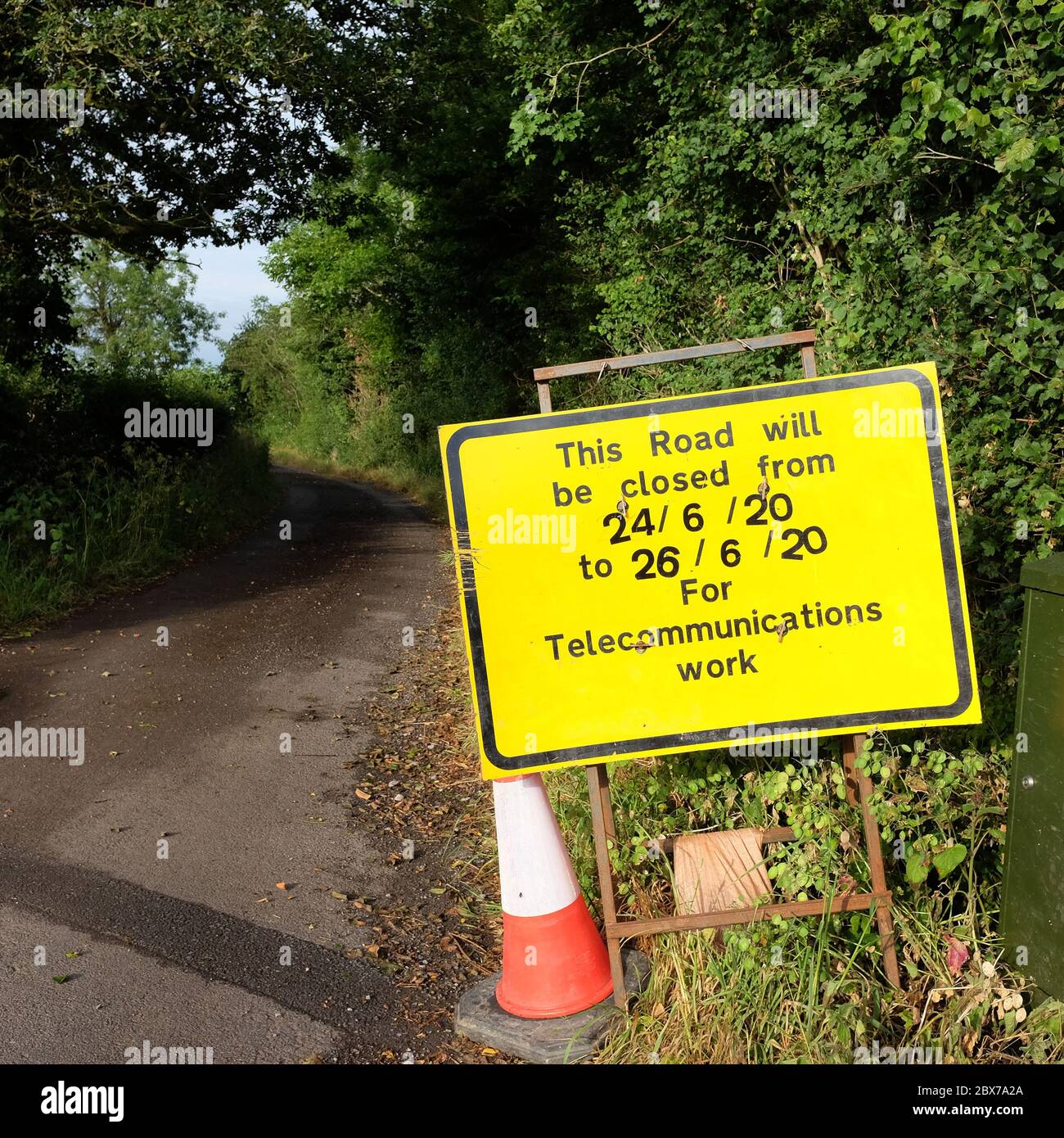 June 2020 - Sign for road closure for Telecom's work in a rural lane in ...