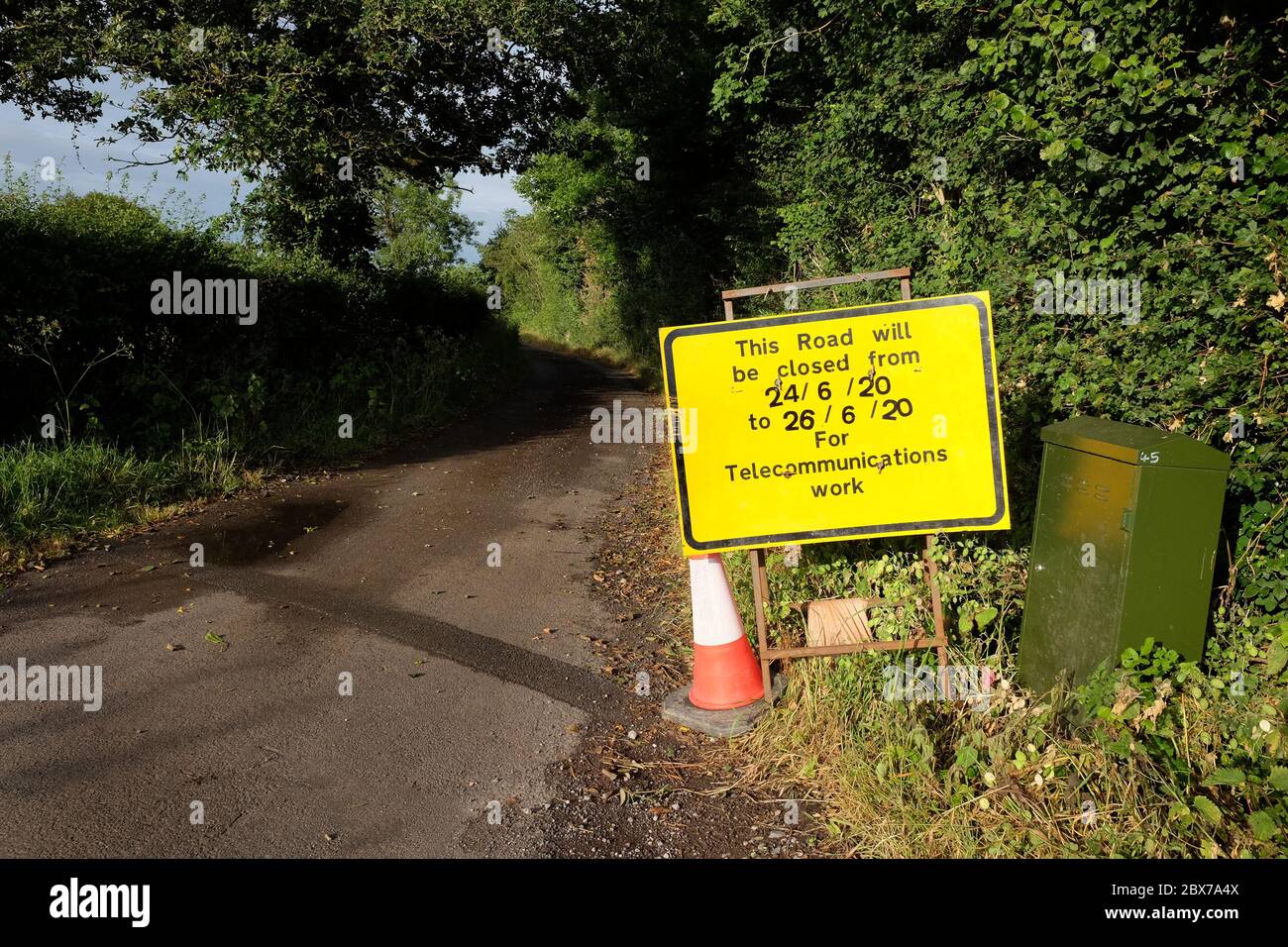 June 2020 - Sign for road closure for Telecom's work in a rural lane in ...