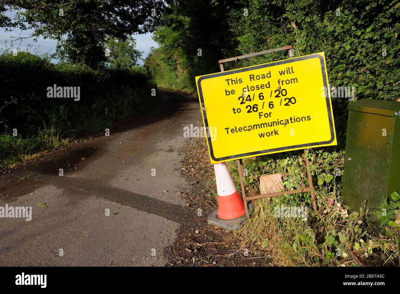 June 2020 - Sign for road closure for Telecom's work in a rural lane in ...