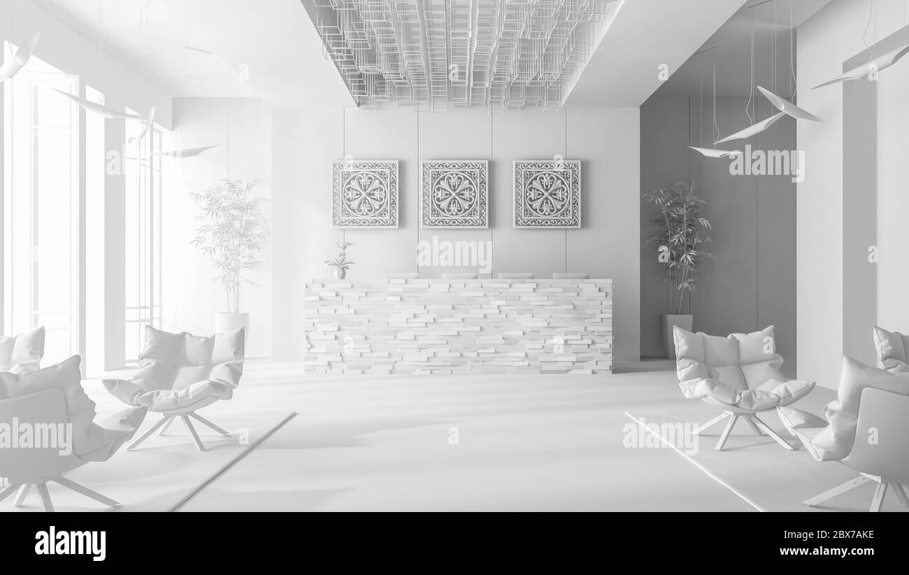 White Interior of a hotel spa reception 3D illustration Stock Photo - Alamy