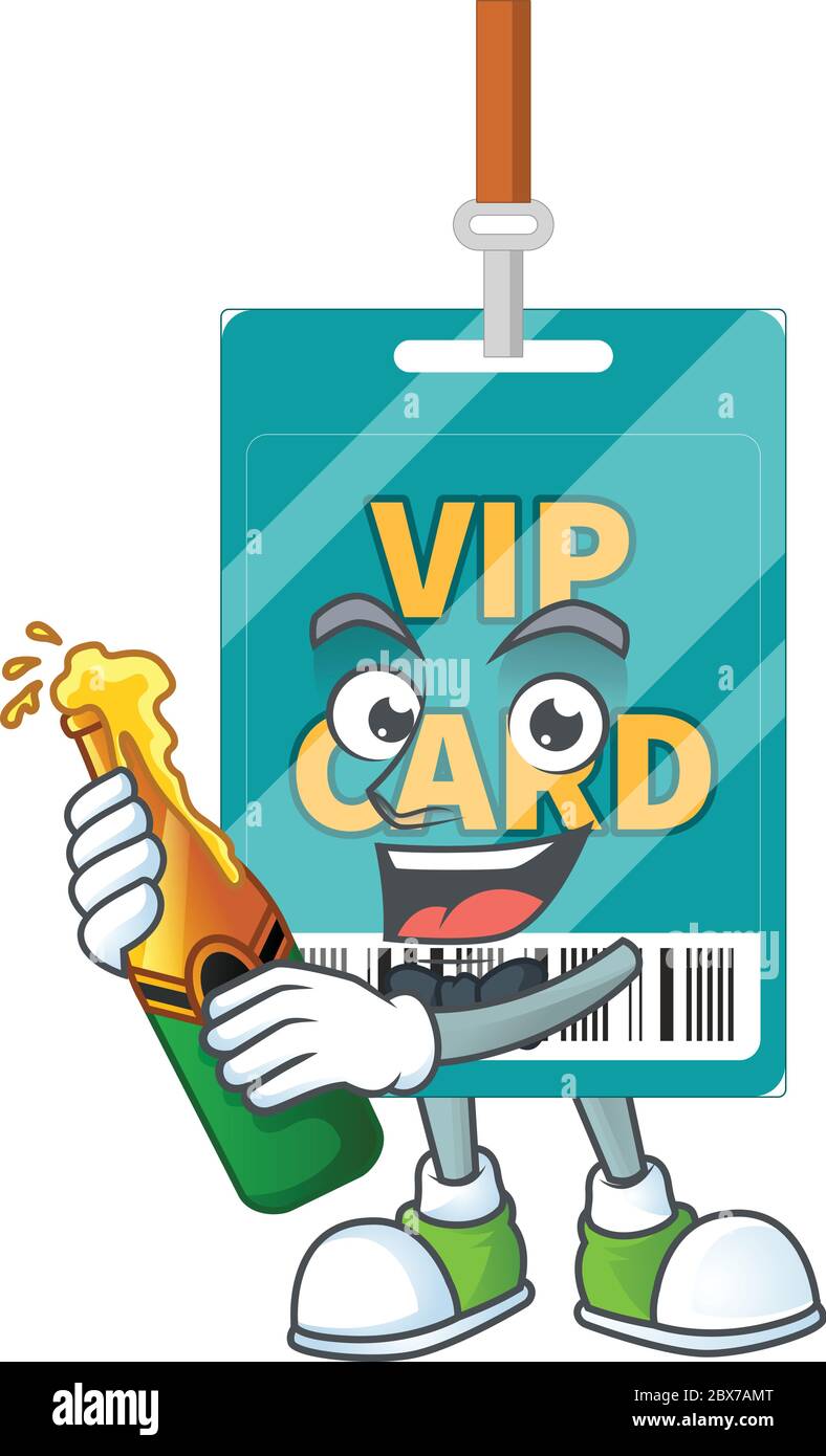 Happy face of VIP pass card cartoon design toast with a bottle of beer ...