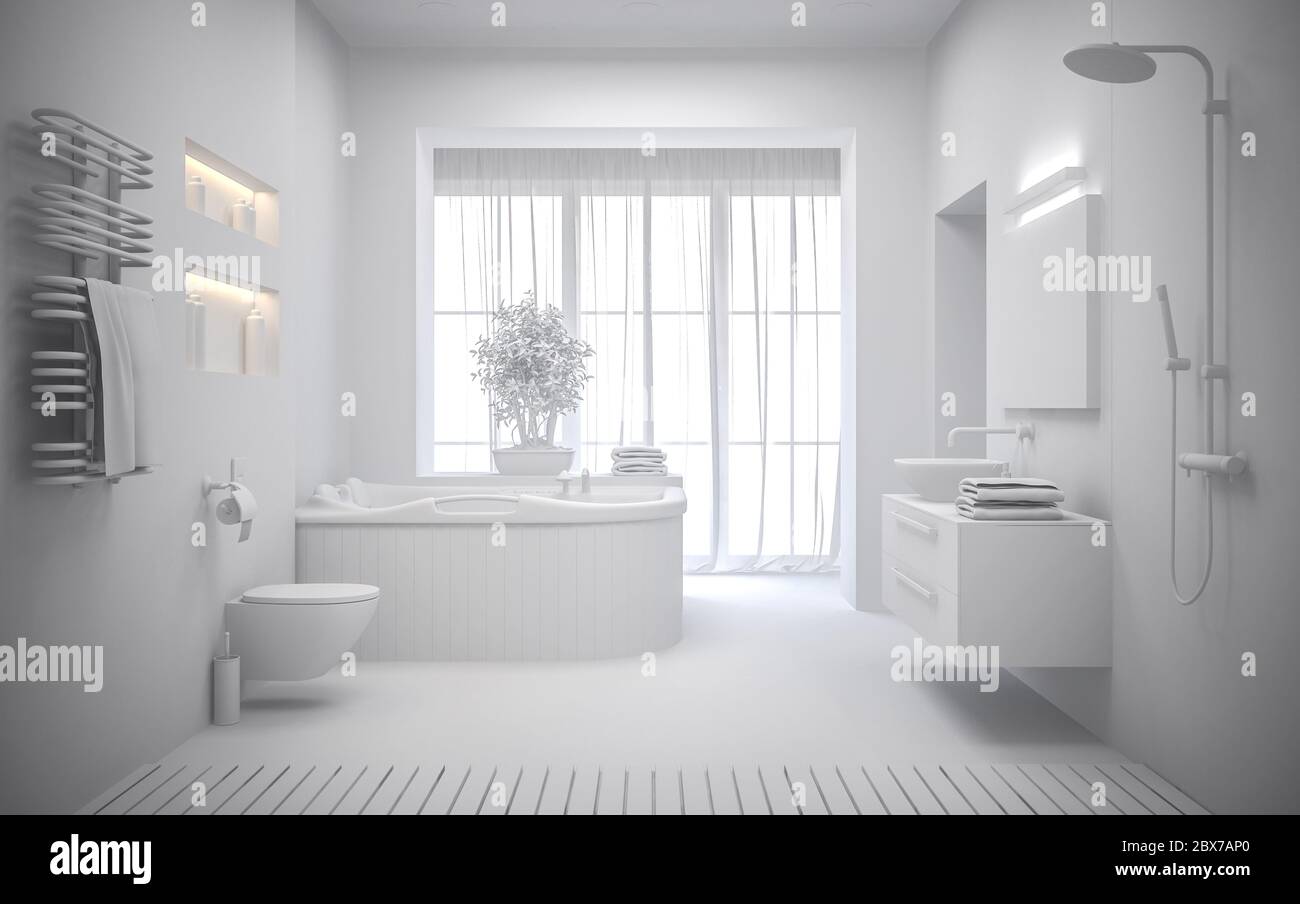 white Interior of the modern bathroom 3D rendering Stock Photo - Alamy