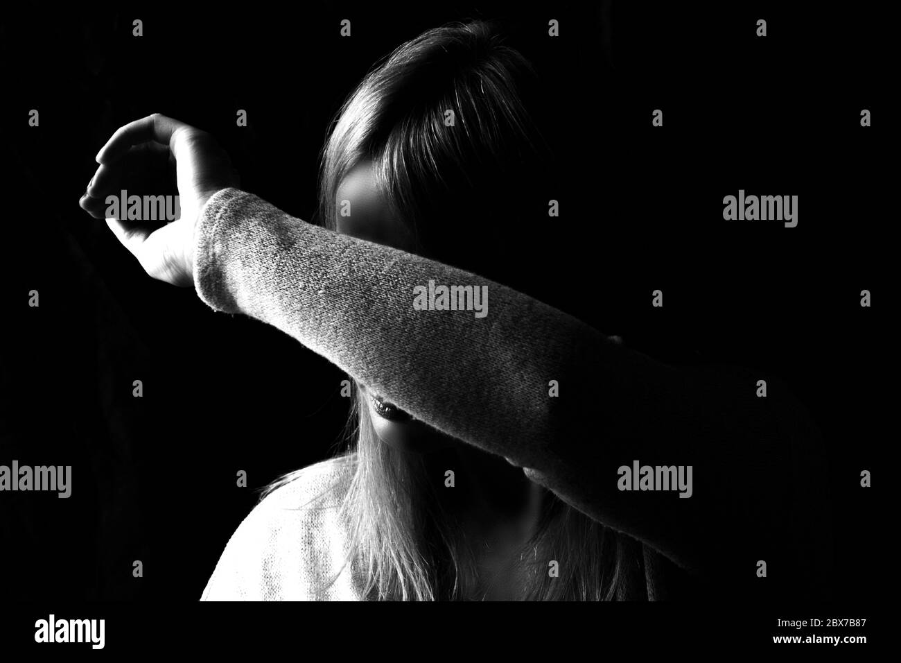 Portrait of a woman hiding her face with hand. Stop violence against ...