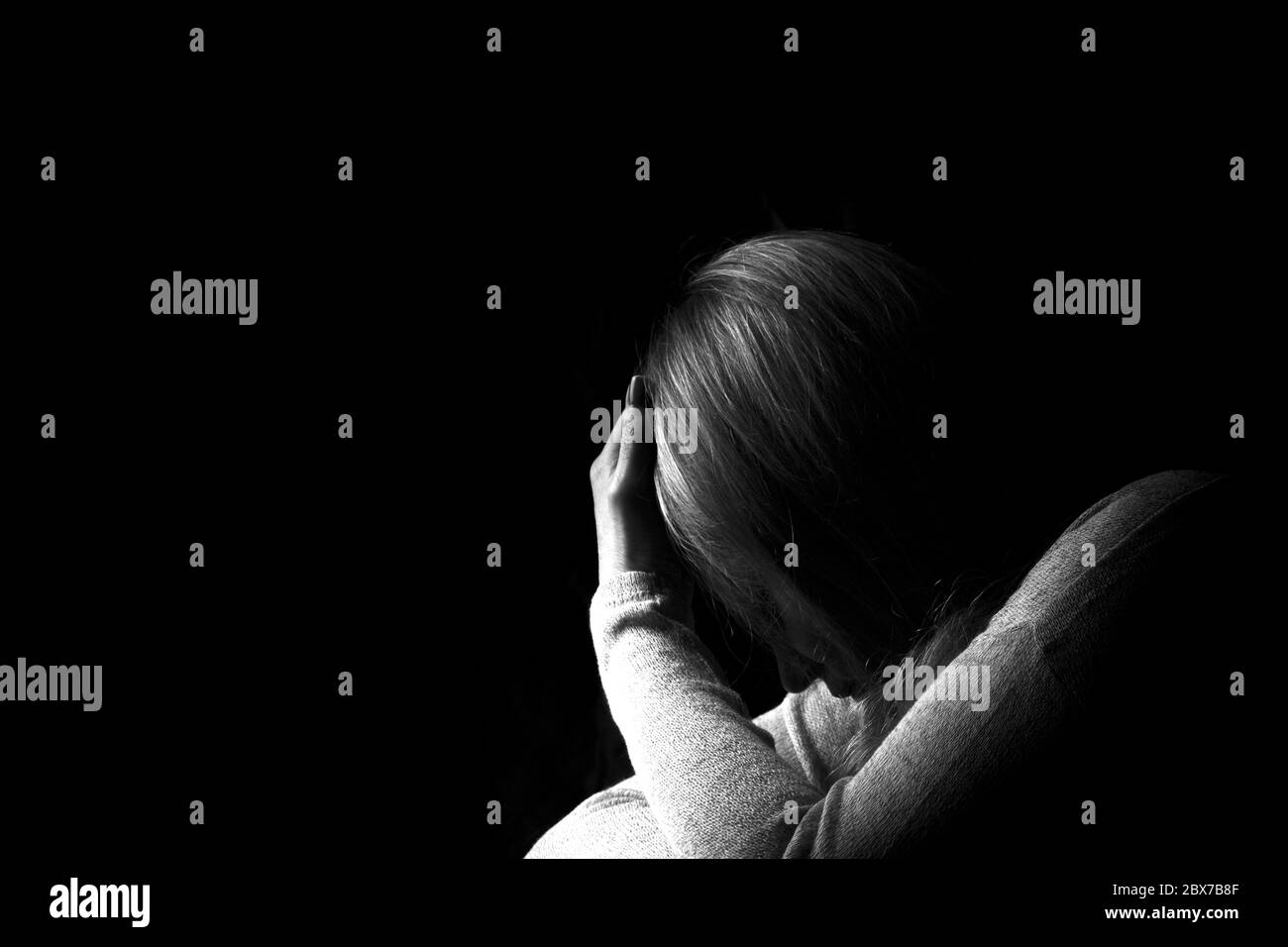 Portrait of a woman hiding her face with hand. Stop violence against ...