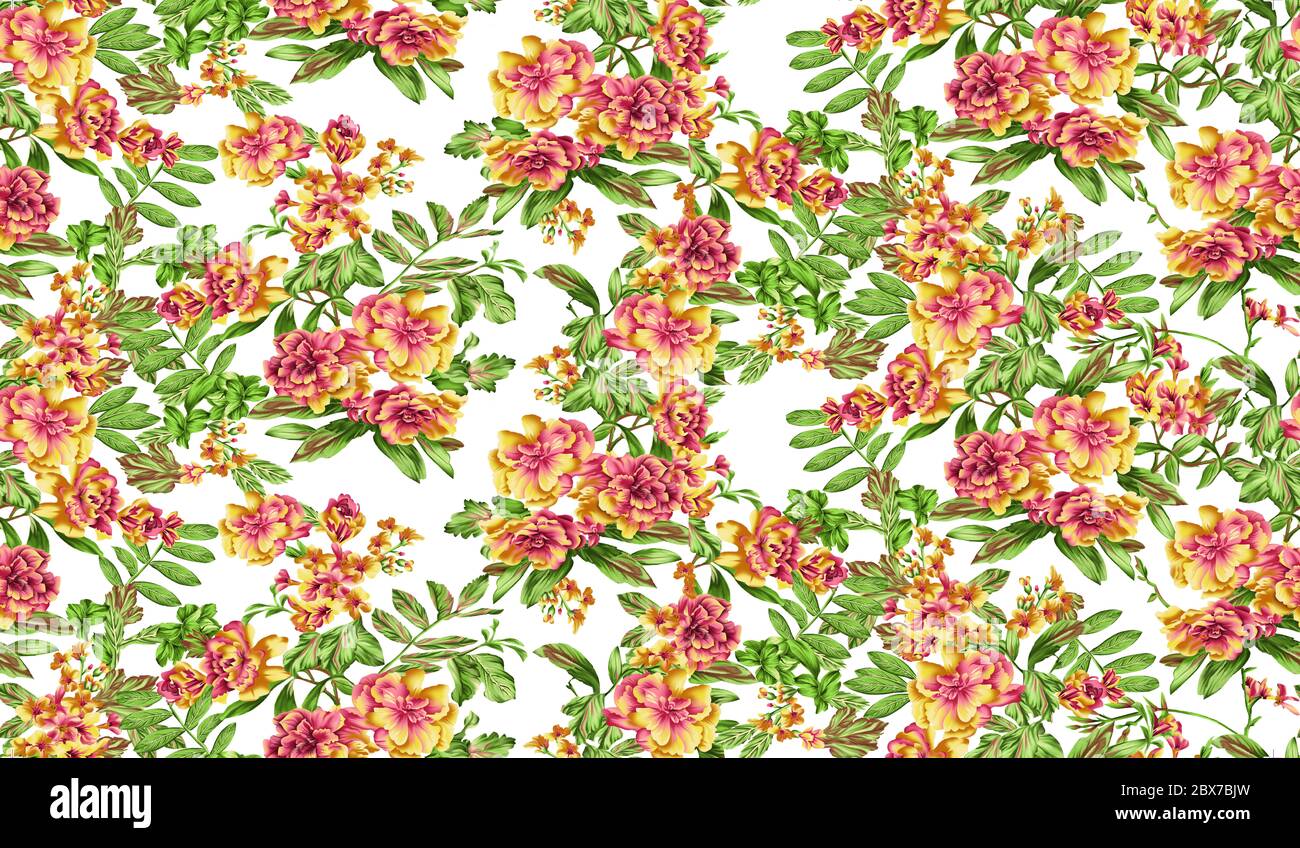 Seamless pattern with spring flowers and leaves. Hand drawn background ...