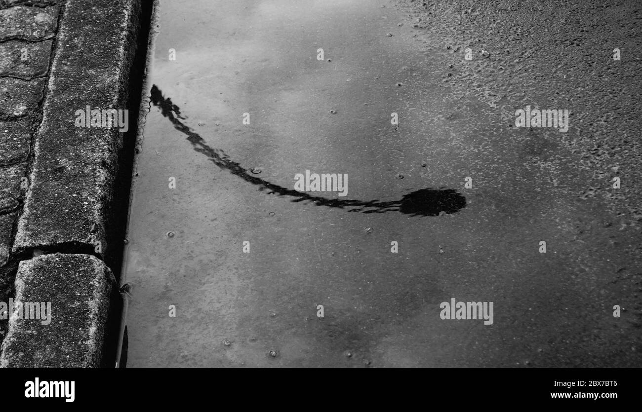 A close up of a white brick wall borderline floor, water puddle mirror ...