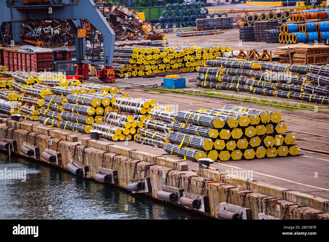 Industrial goods and containers with products in the marine port. Sea ...