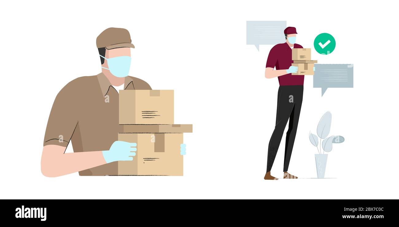 safe delivery man bring package box carton wearing mask and glove to ...