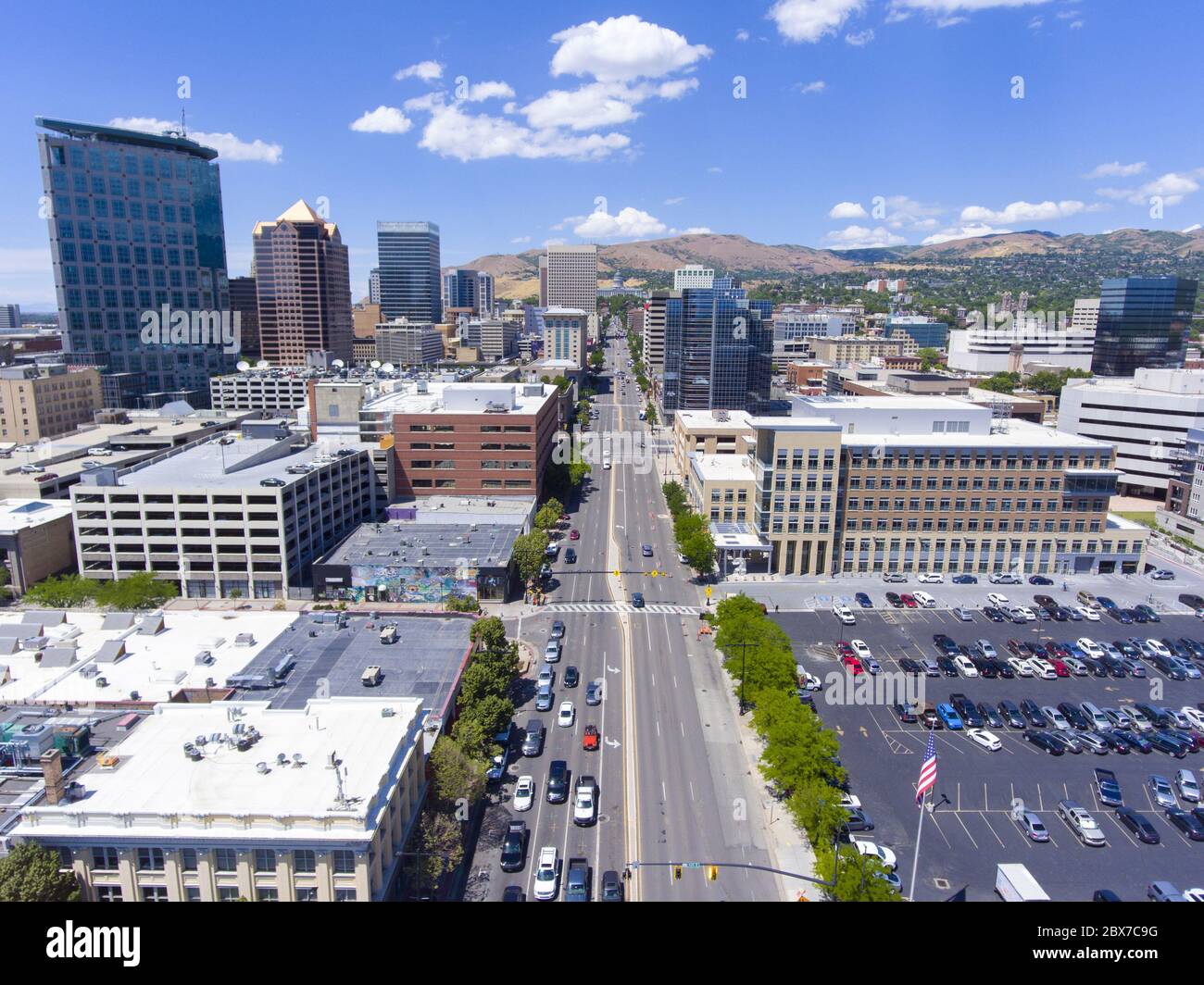 Aerial view of Utah State Capitol and downtown skyscrapers in Salt Lake ...