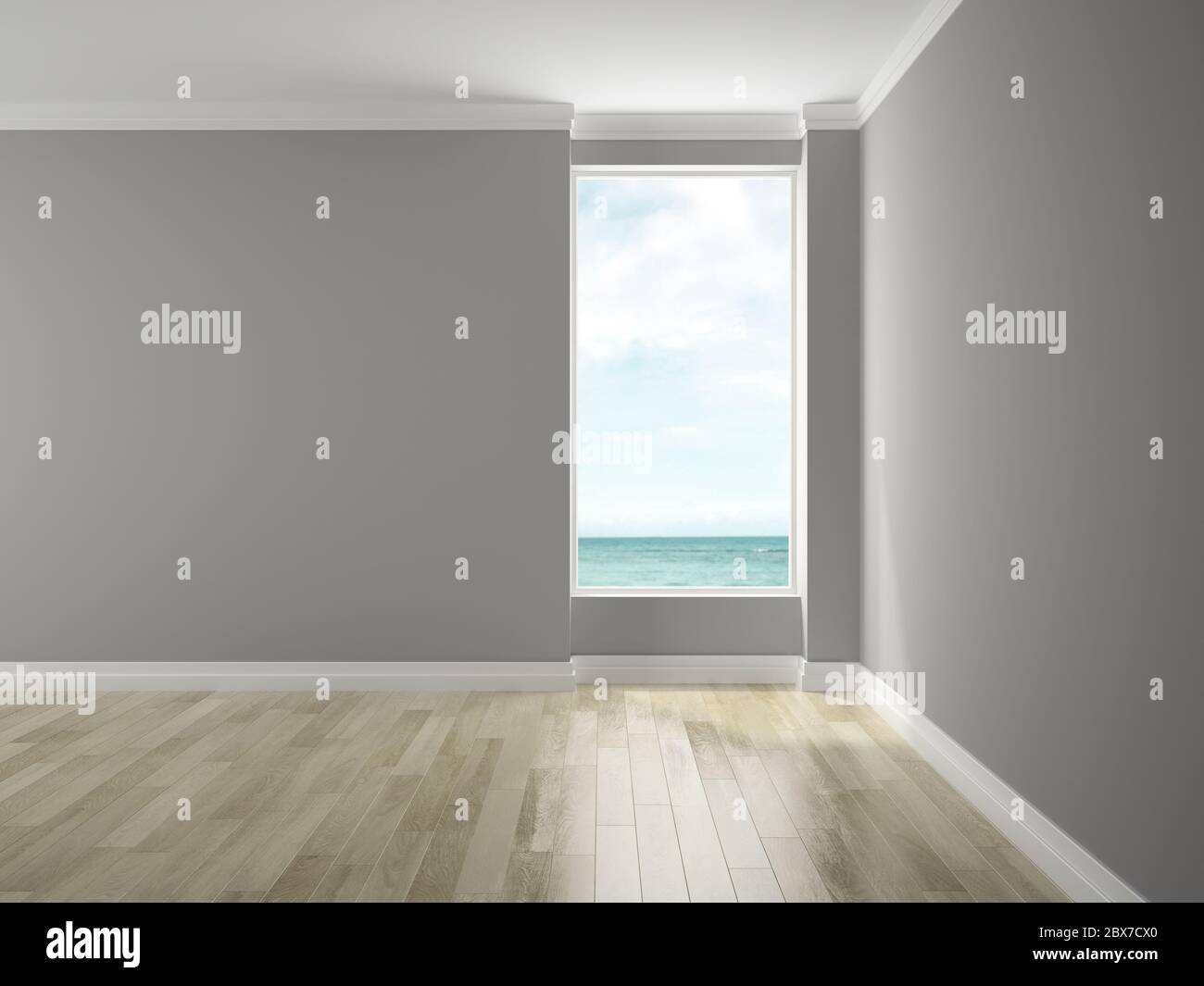 Interior of empty room with sea view 3D rendering Stock Photo - Alamy