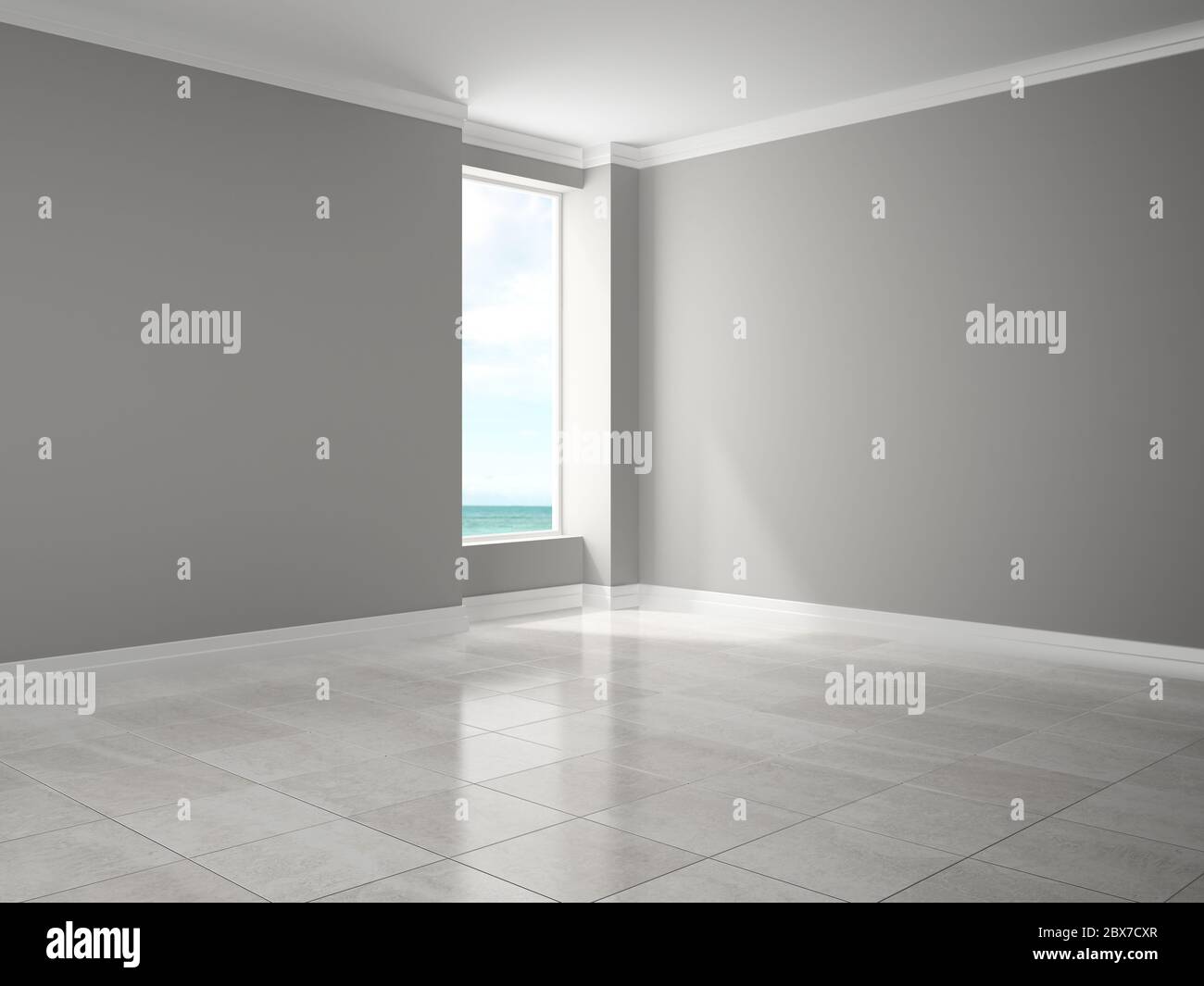 Interior of empty room with sea view 3D rendering Stock Photo - Alamy