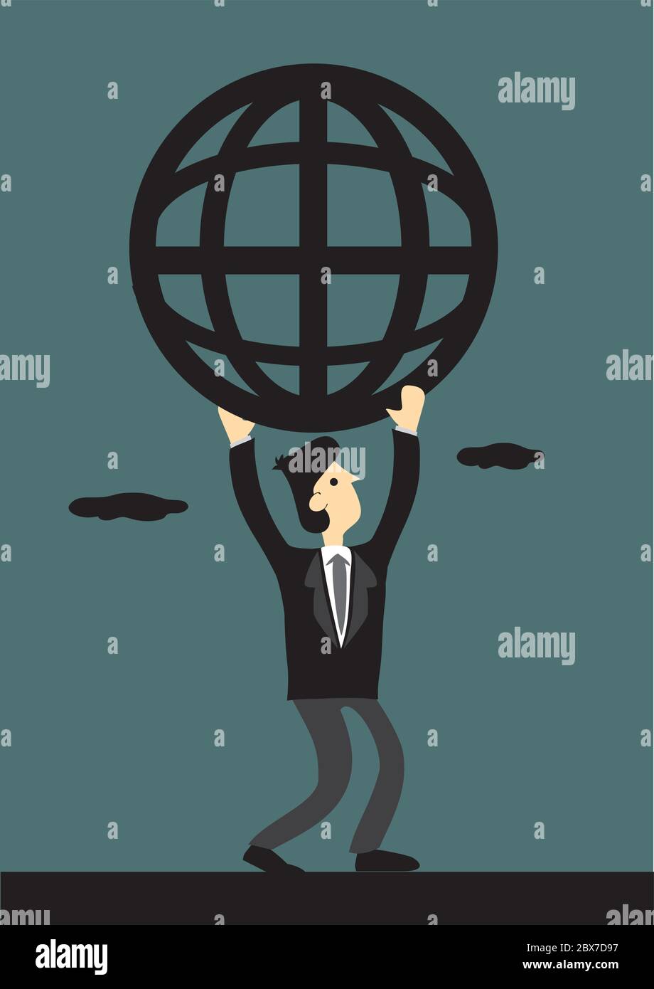 Cartoon businessman carrying a simplified wire mesh like globe symbol ...