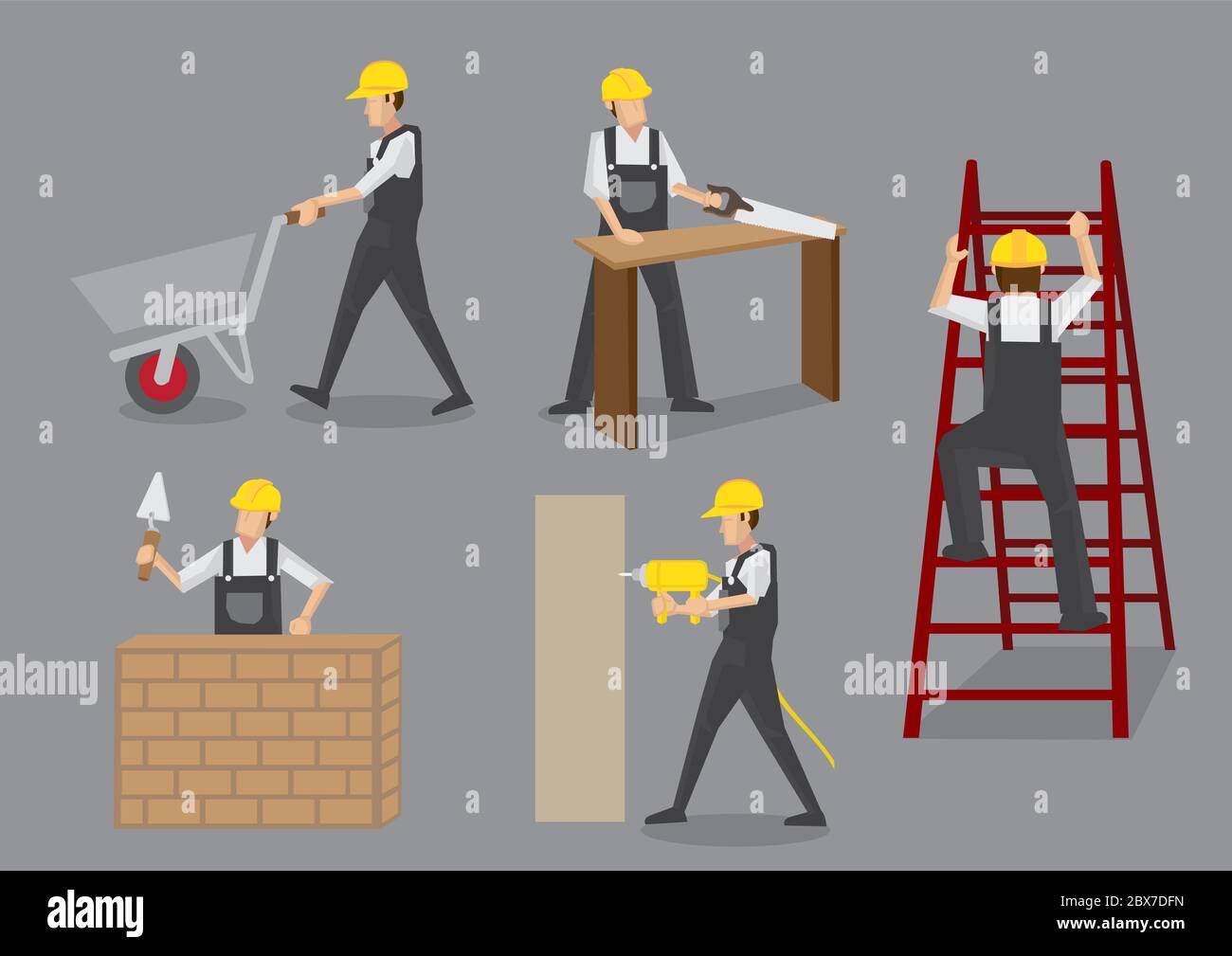 Builder in yellow helmet and overall work clothes working with manual ...