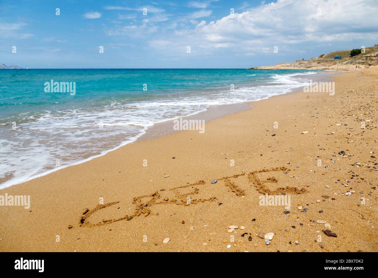The sandy beach of Tobruk, near Heraklion city, in Crete island, Greece ...