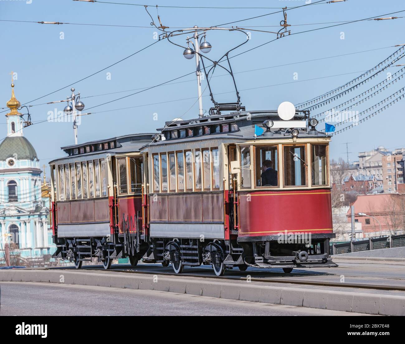 Old vintage tramway cars on the empty city street. Moscow. Russia Stock ...