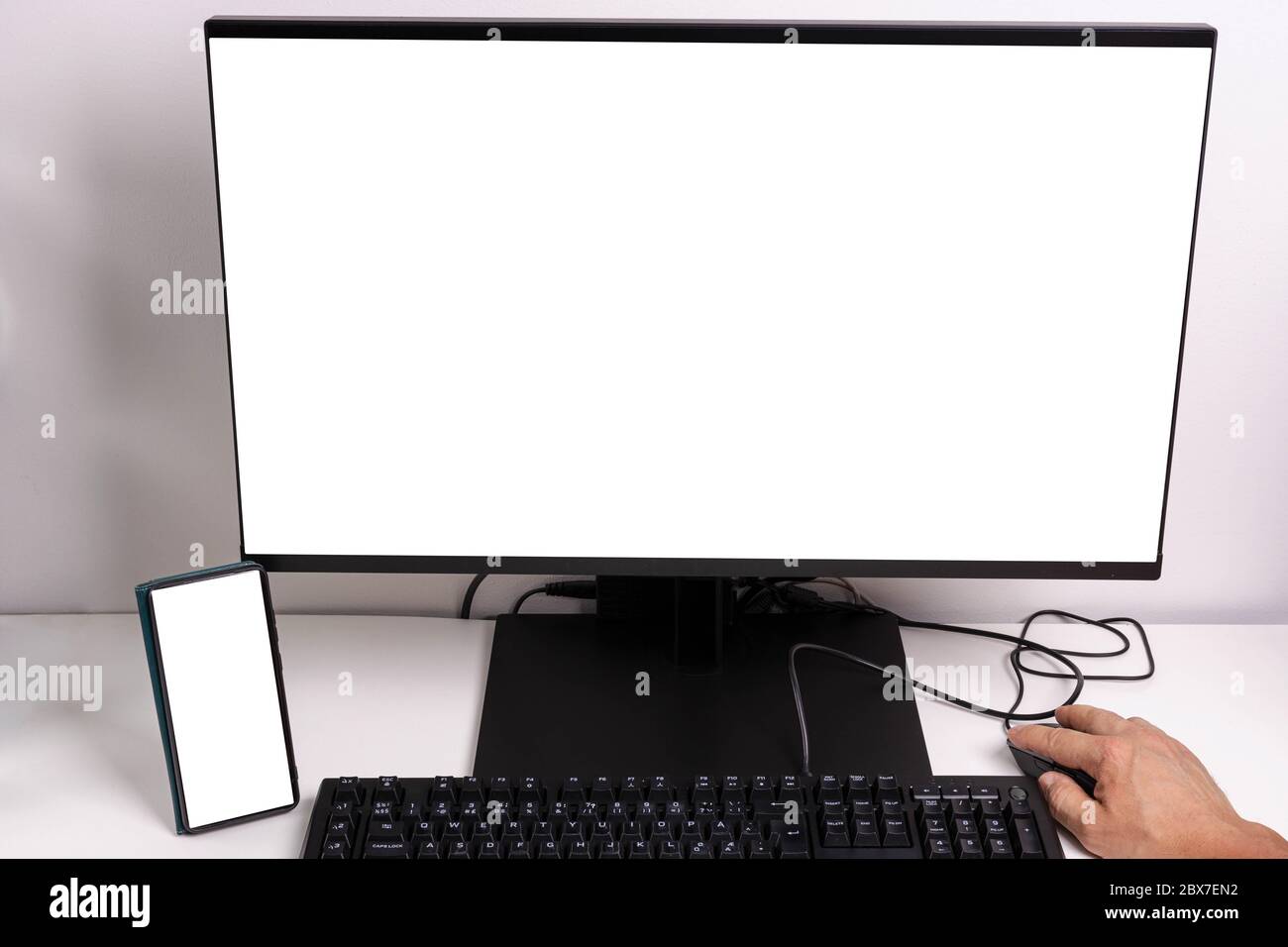 Close up macro view of hand man using computer monitor with mockup ...