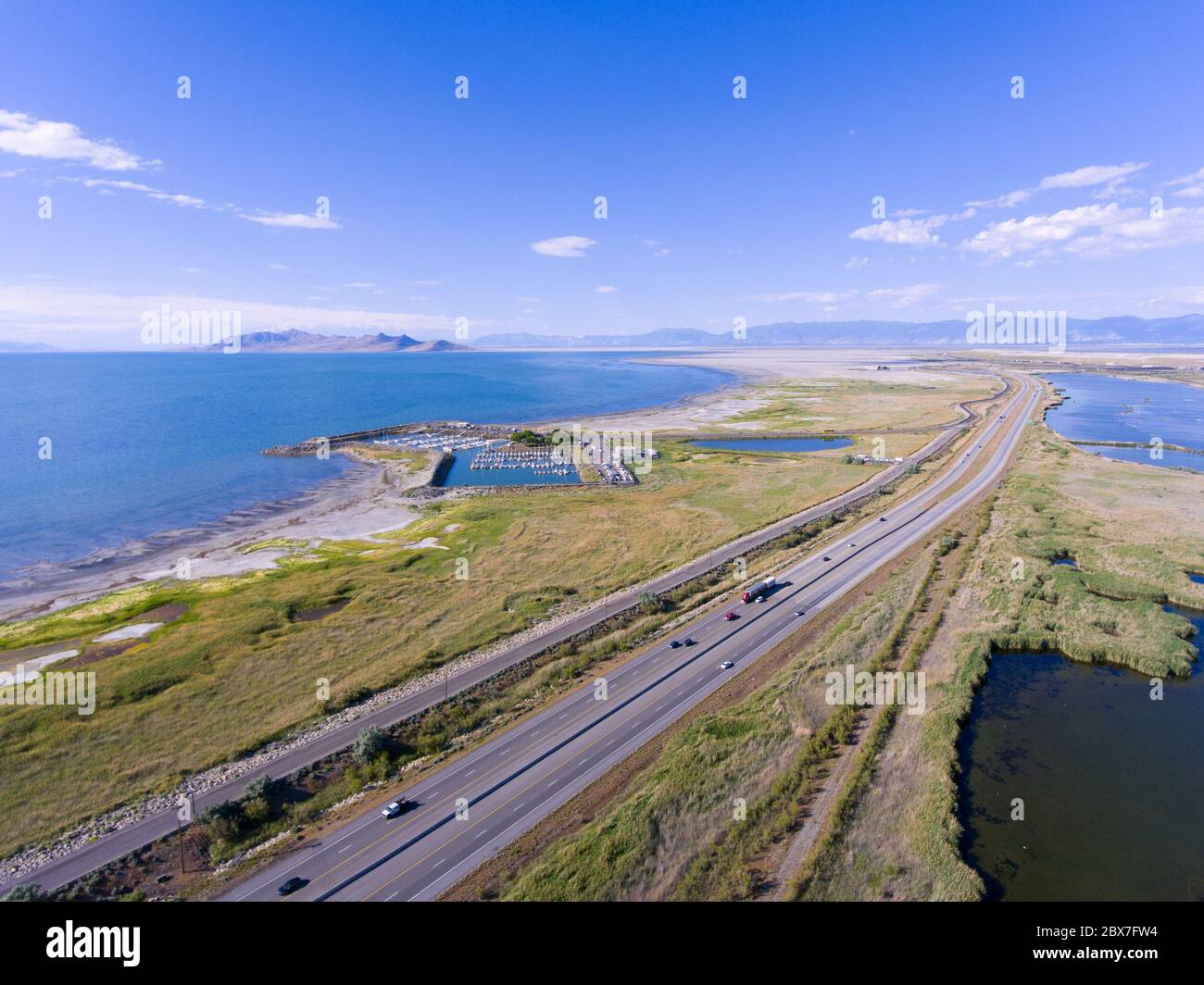 Aerial view of Great Salt Lake and Interstate Highway 80 in Great Salt ...