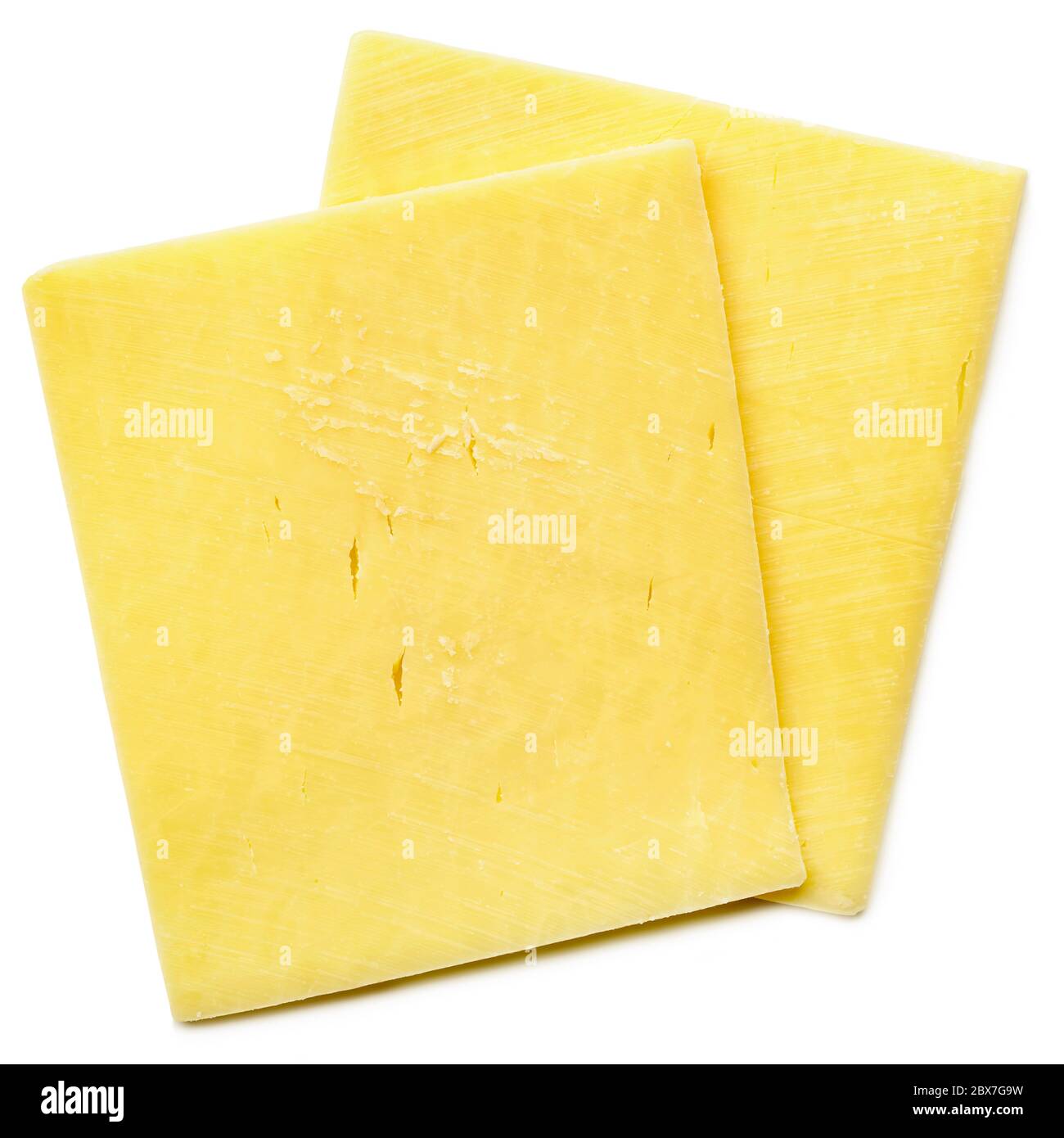 Two cheese slices isolated on white, top view. Healthy natural cheddar ...