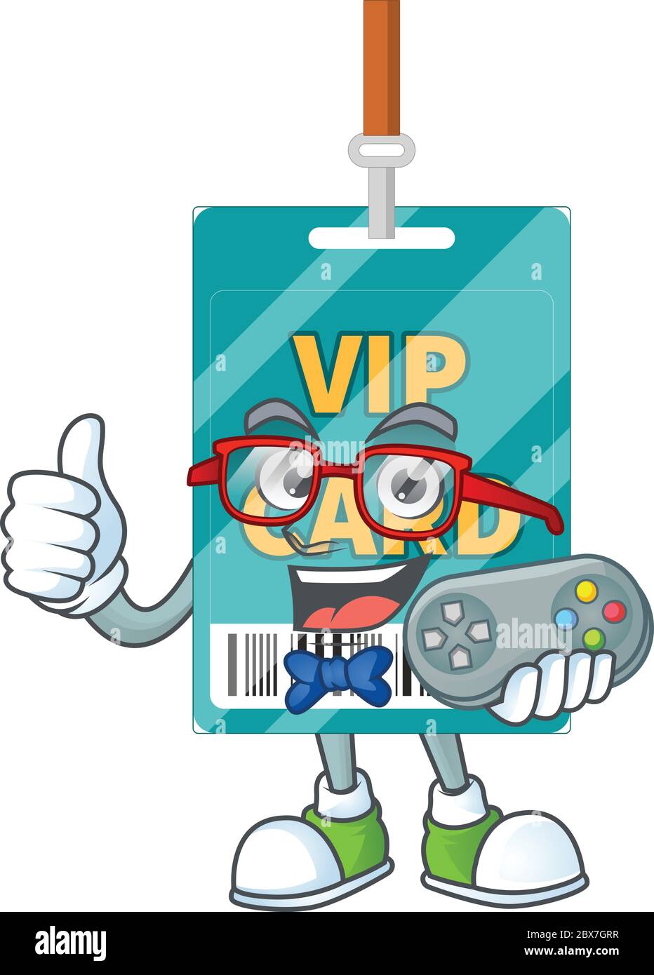 Cartoon mascot design of VIP pass card play a game with controller ...