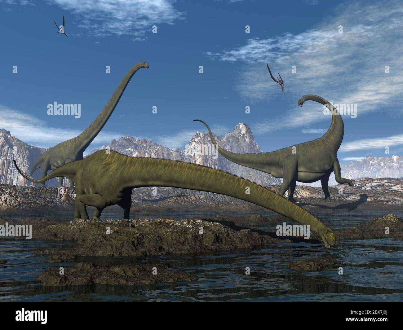 Mamenchisaurus dinosaurs walk and drink - 3D render Stock Photo - Alamy
