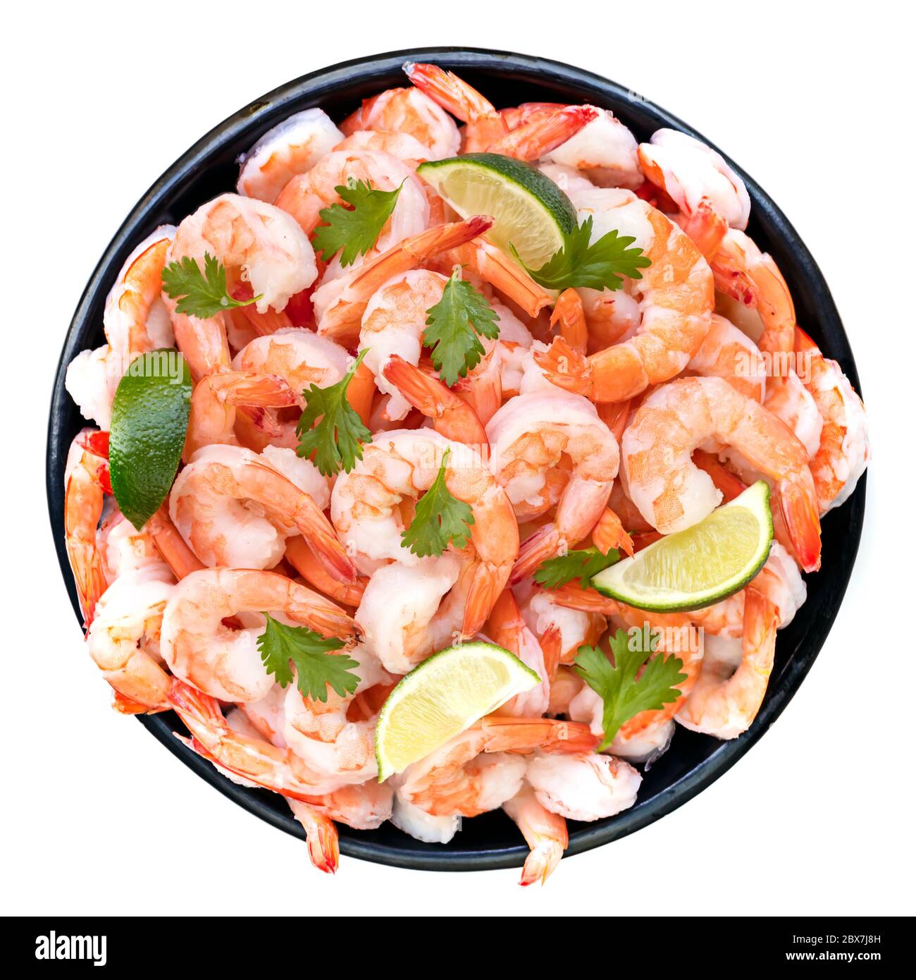 Platter of shrimps isolated, top view, with lime and cilantro Stock ...