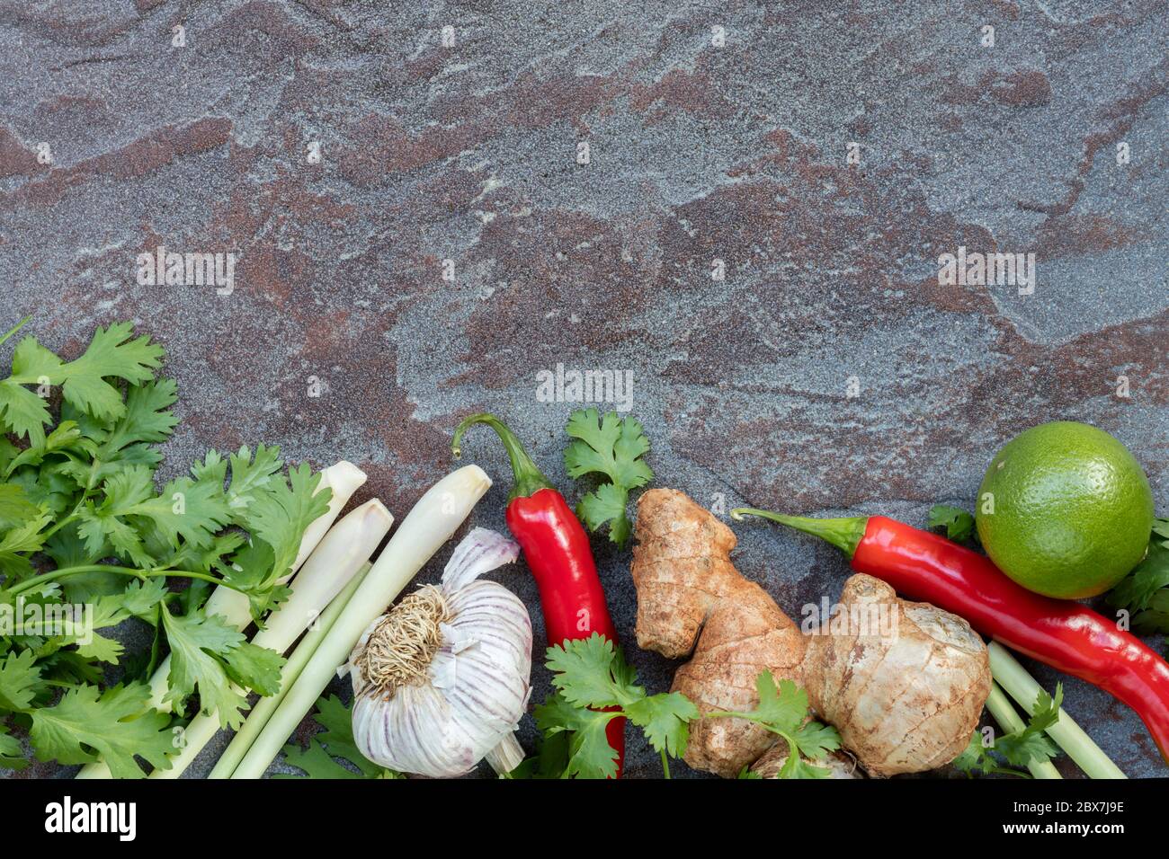 Food background with Asian ingredients, top view, over slate Stock ...