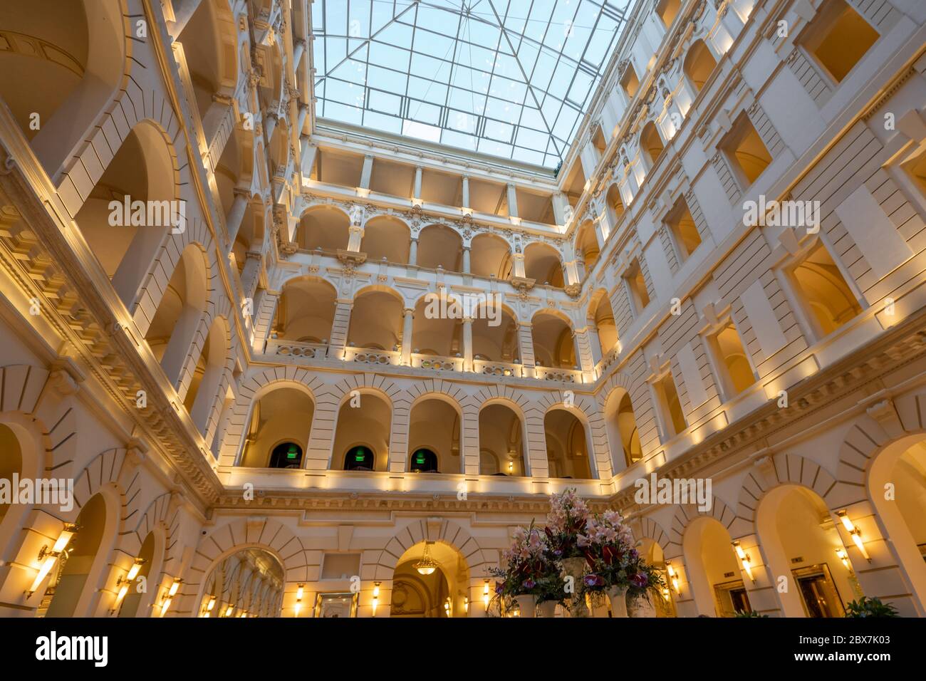 Budapest, Hungary - Feb 09, 2020: Atrium view inside New York Cafe with ...