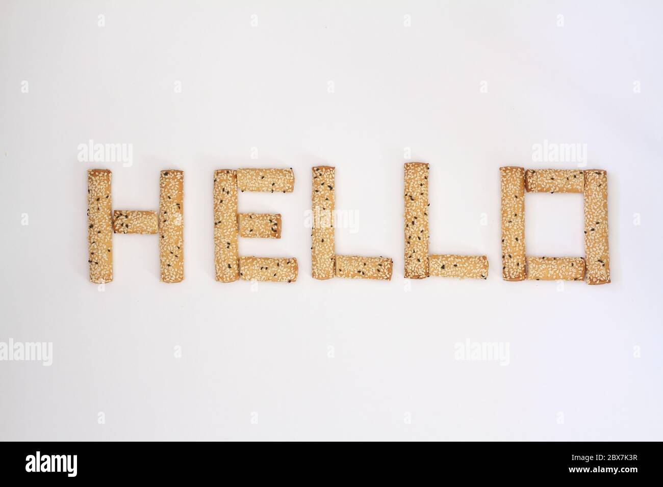 Words HELLO written laid-out with Bread sticks alphabet pretzels ...