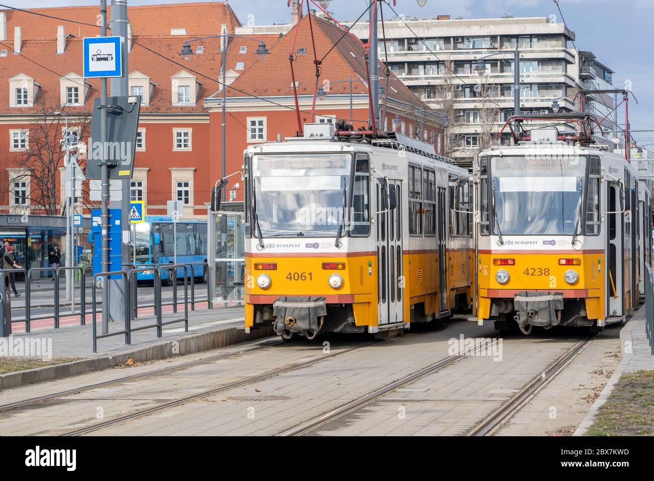Budapest, Hungary - Feb 10, 2020: Famous yellow tram on Budapest street ...