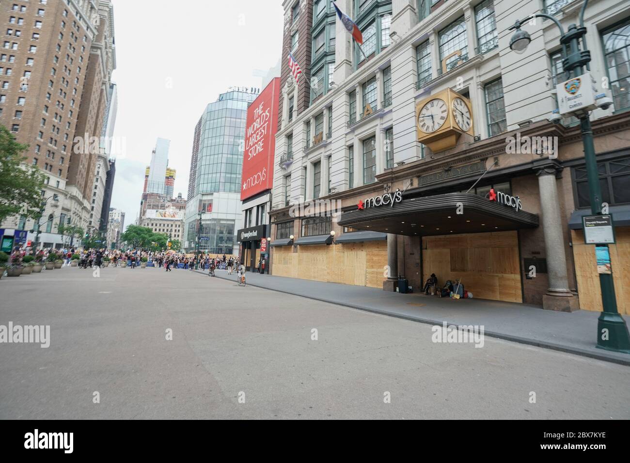 New York, NY, USA. 5th June, 2020. Plywood covers the exterior of Macy's flagship store in ...