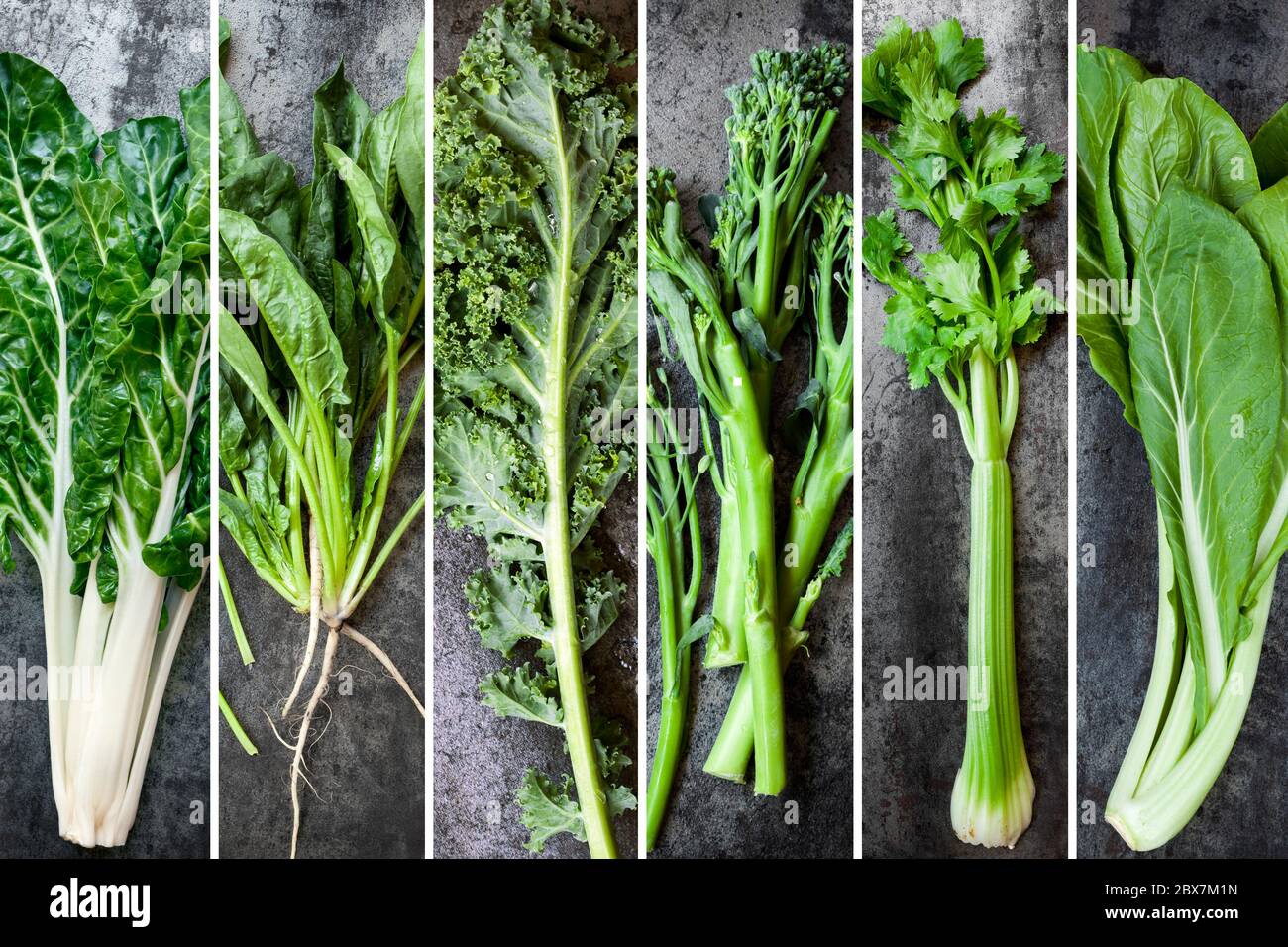 Green vegetables food collage. Silver beet, spinach, kale, broccolini ...