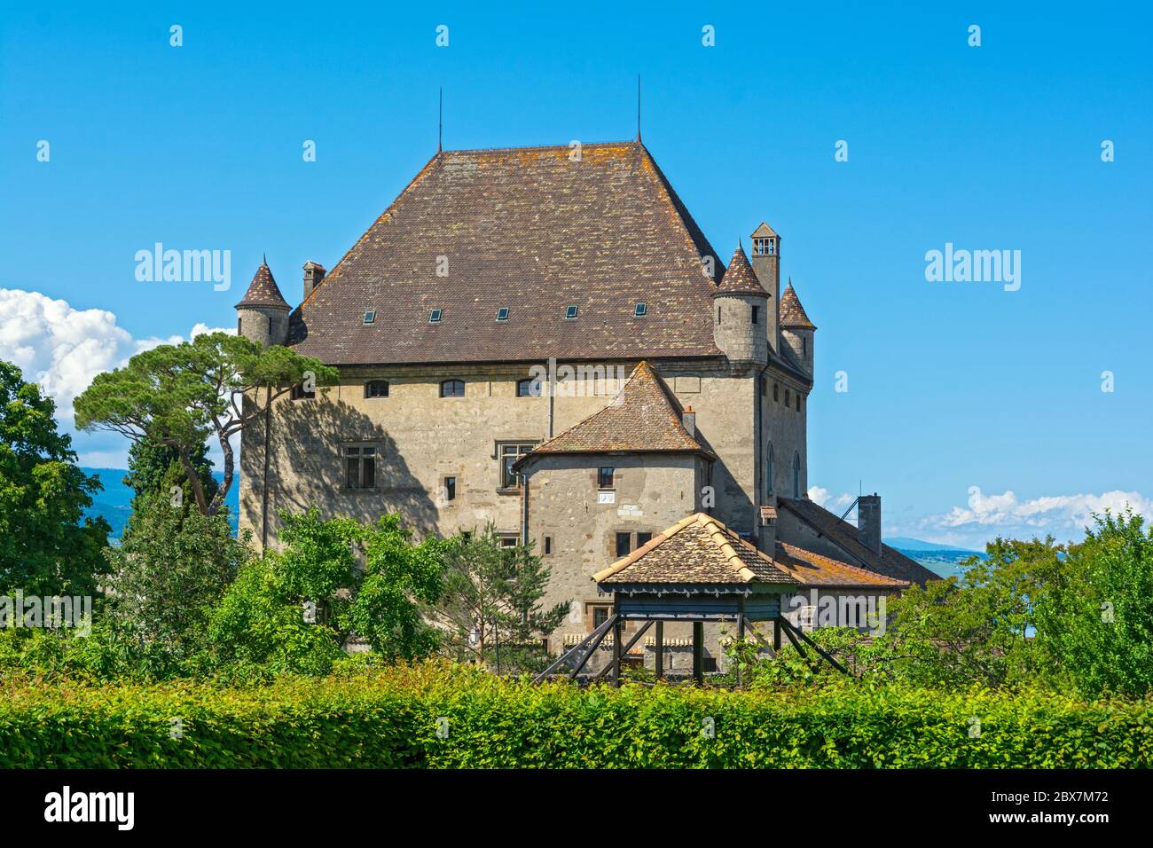 France, Yvoire, Chateau (castle) 14C, view from Le Jardin des Cinq Sens ...