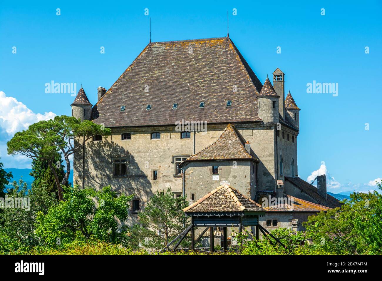 France, Yvoire, Chateau (castle) 14C, view from Le Jardin des Cinq Sens ...