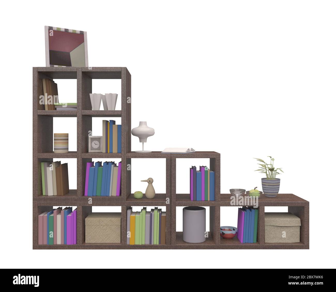 Bookcase bookshelves isolated on white 3d illustration Stock Photo - Alamy