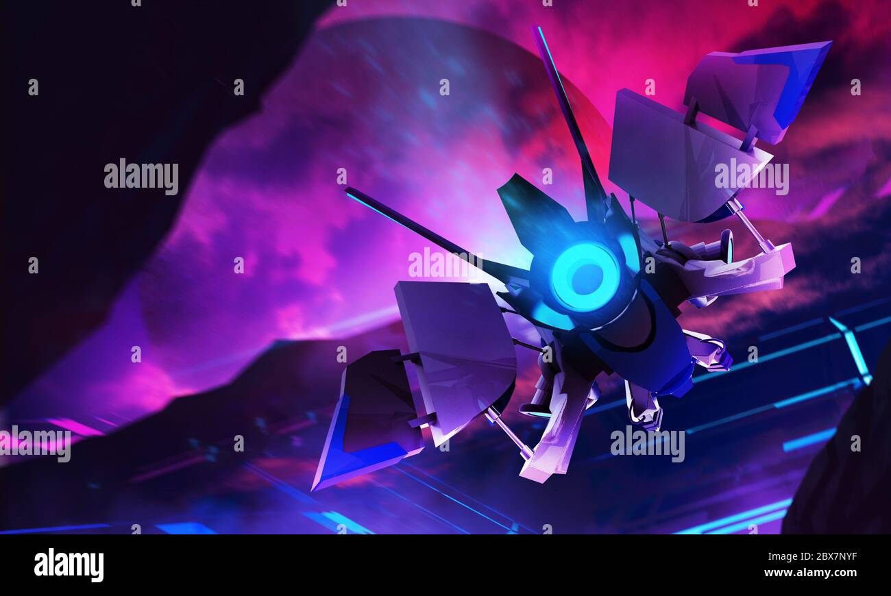 Illustration of a futuristic aircraft rear view flying on a sci-fi ...