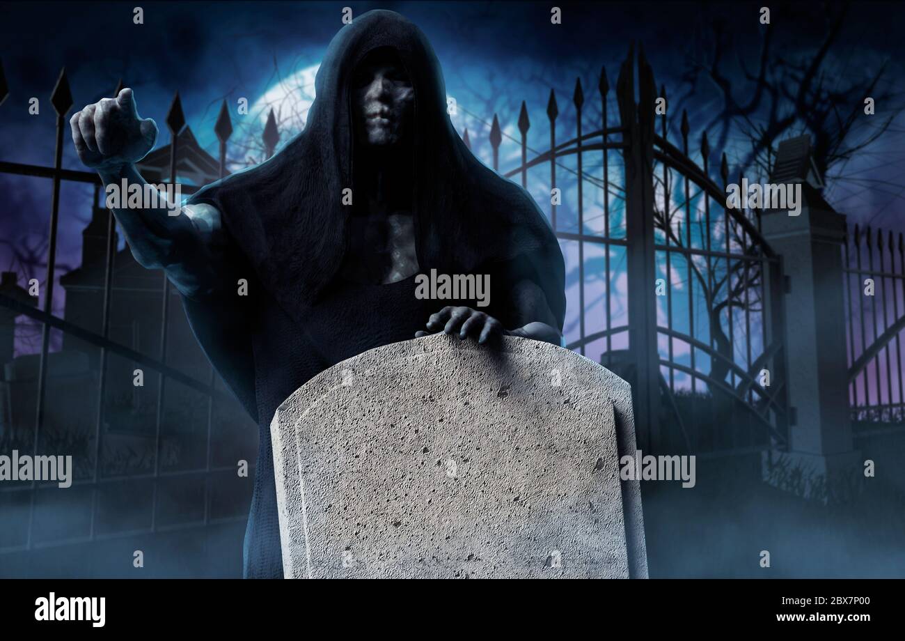Grim reaper ghost in black hood pointing finger and holding tombstone ...