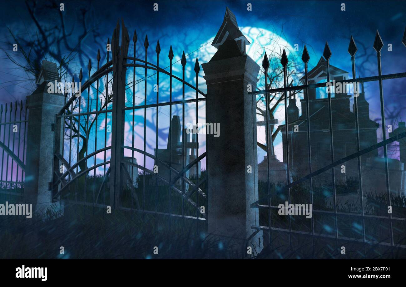 Horror full moon cemetery with metal gates, tombstones and crypts Stock ...