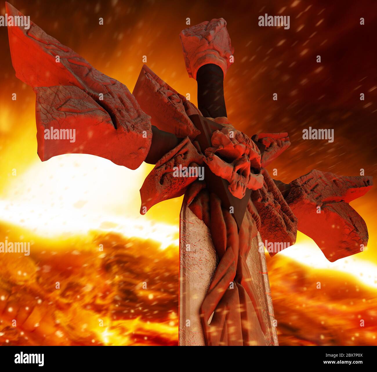 Artwork of a steel demon sword with skull in stone with red fire ...