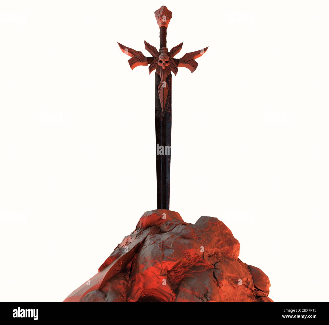 Artwork of a steel demon sword with skull in stone with red fire ...