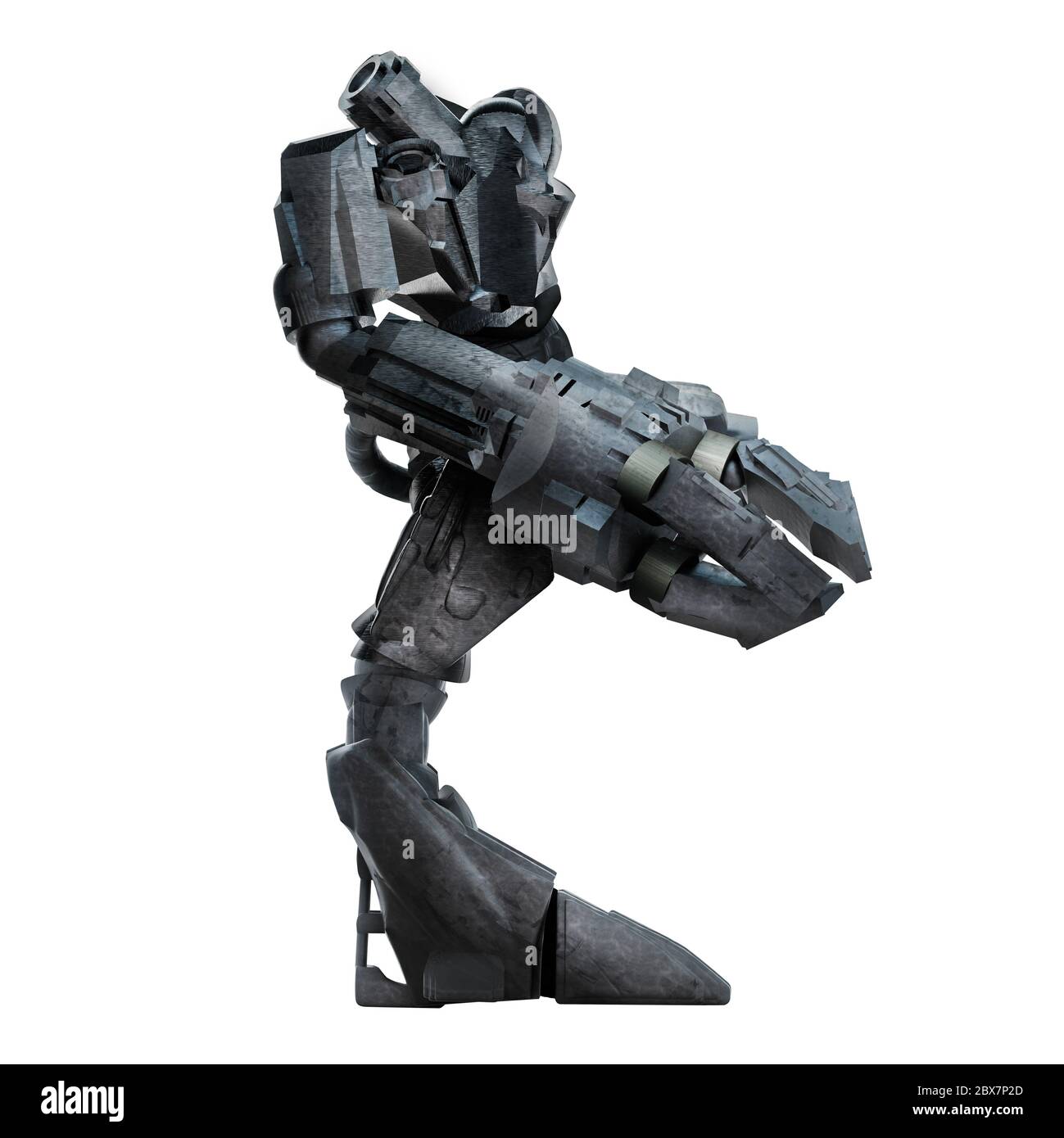 Grey steel futuristic sci-fi mech warrior robot standing with grab arm ...