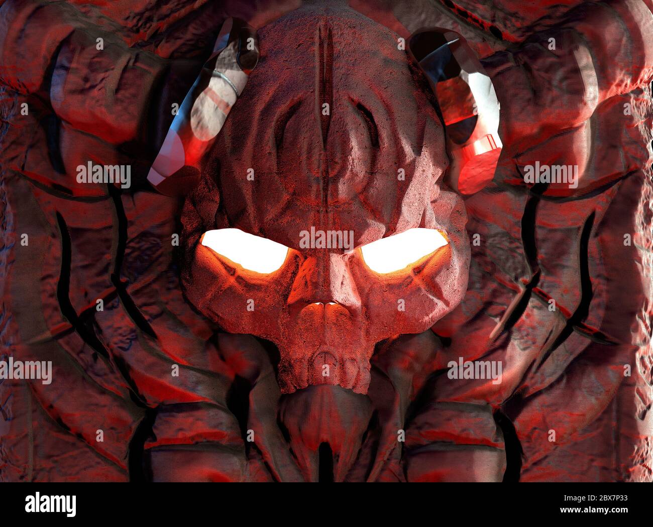Engraved in stone demon skull with horns , glowing fire eyes and ...
