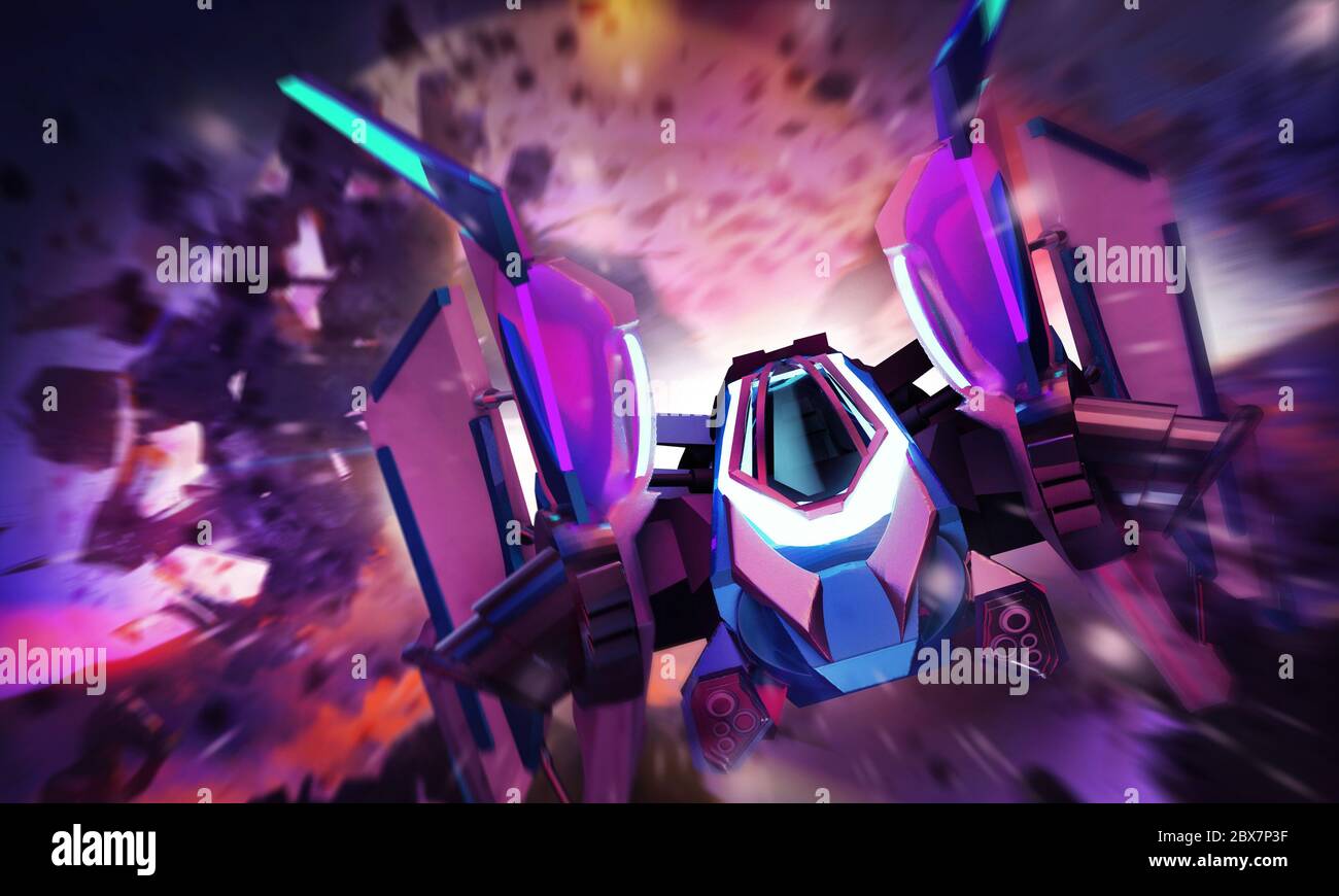 Illustration of a futuristic neon colored sci-fi spaceship aircraft ...