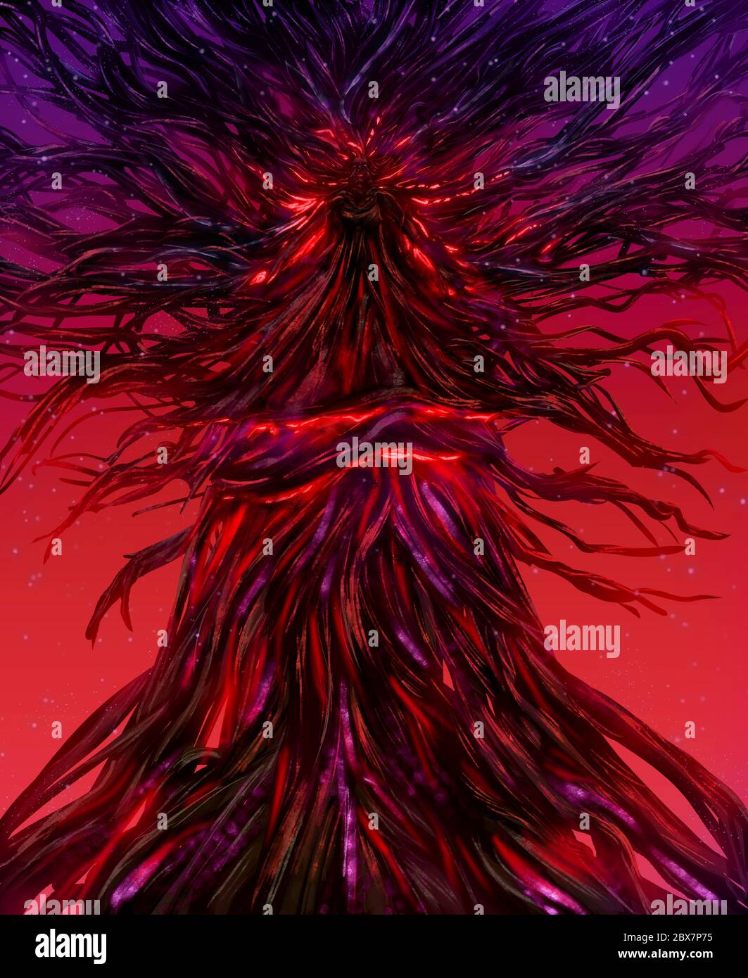 Illustration of a fantasy goddess locked in a fire glowing spell tree ...