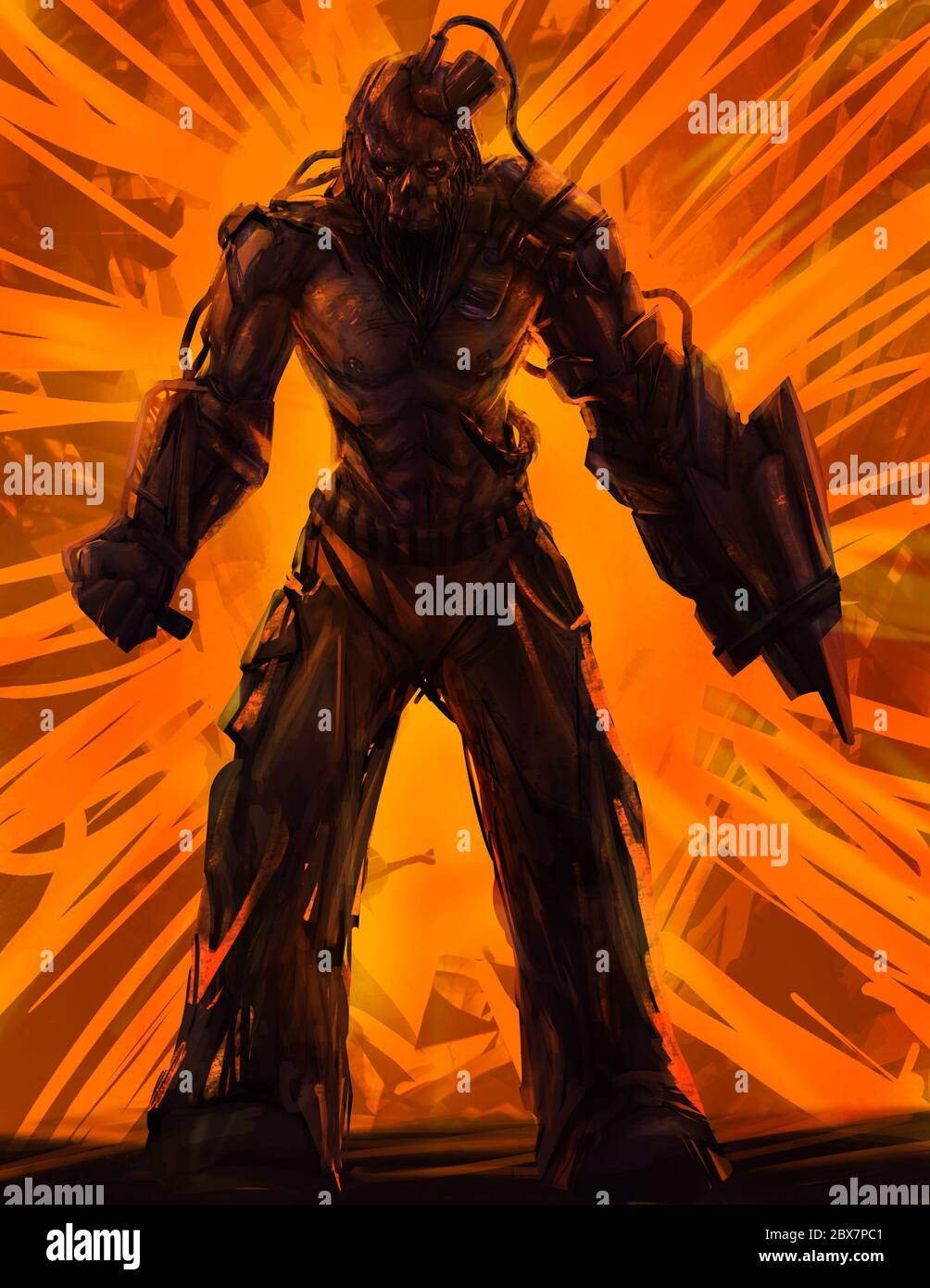 Illustration of a futuristic muscle man standing with skull helmet and ...