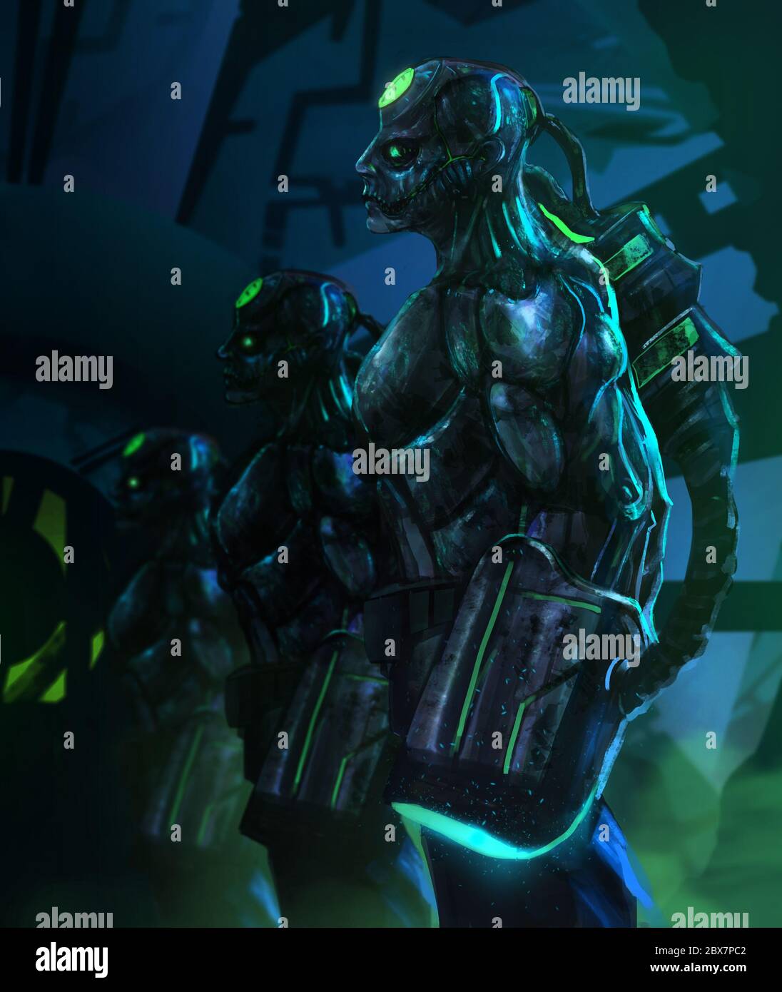 Robotic futuristic zombie warriors with glowing plasma weapons standing ...