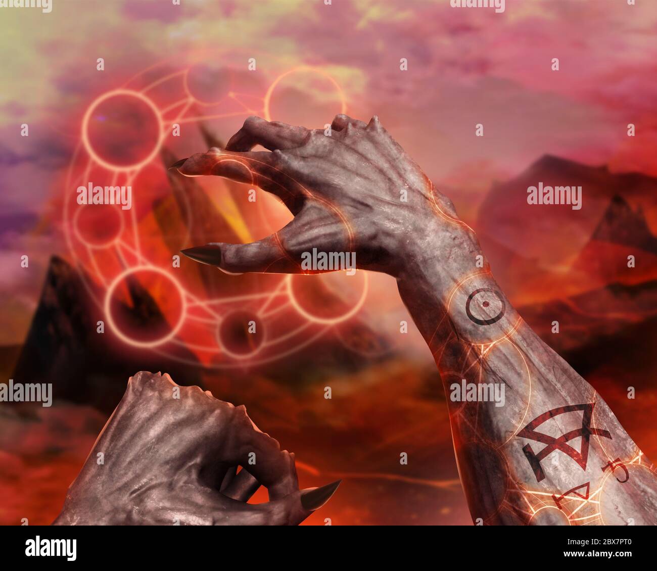 3d first person demonic hands with claws casting flame spell pentacle ...