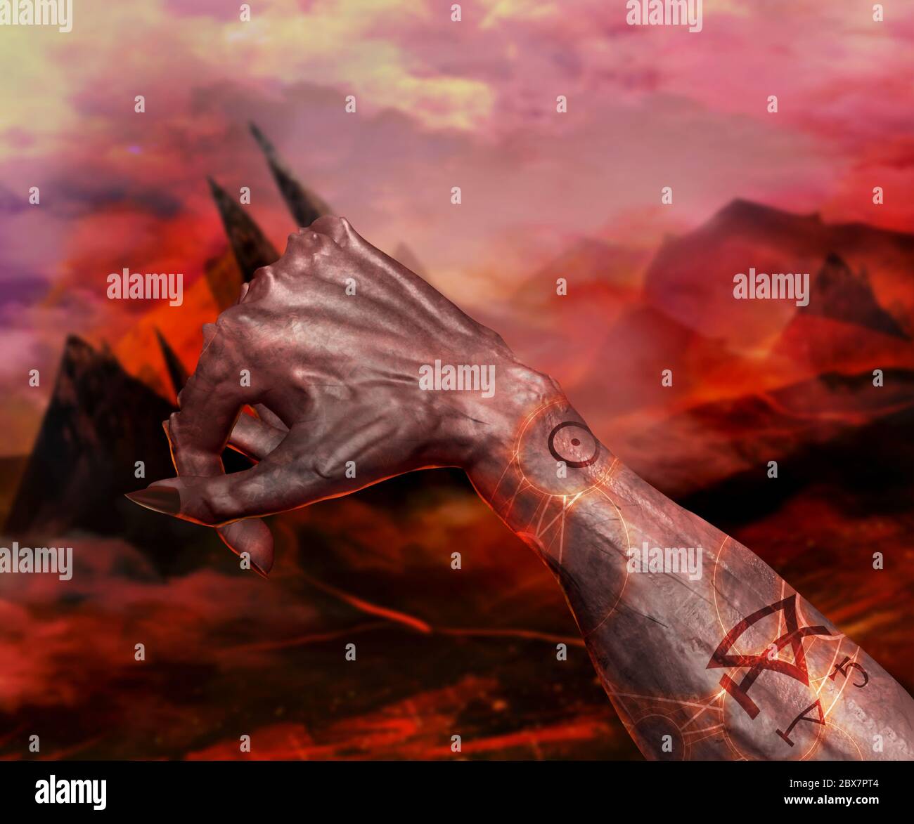3d first person view demonic hand with claws on a hellish landscape ...