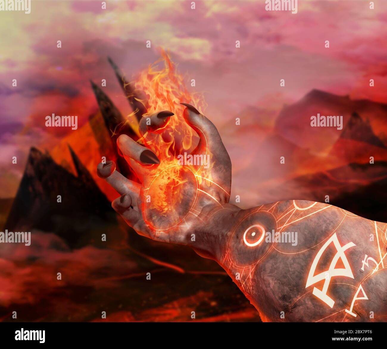 3d first person view demonic hand with claws on a hellish landscape ...