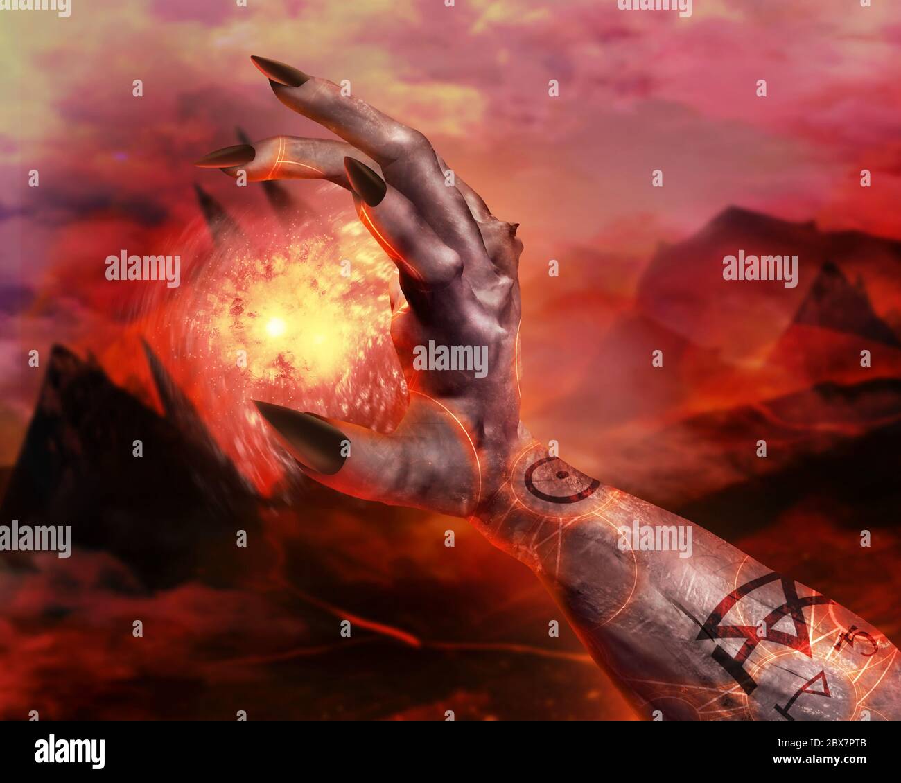 3d first person view demonic hand holding fireball spell with pentacle ...